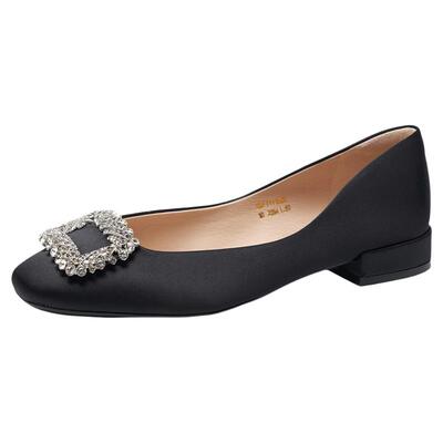 星期六水钻方扣粗跟浅口单鞋