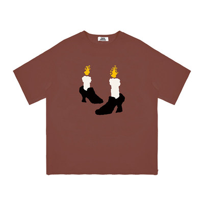 EMPTY REFERENCE 慵懒复古手绘棕色印花柔软亲肤宽松圆领短袖T恤