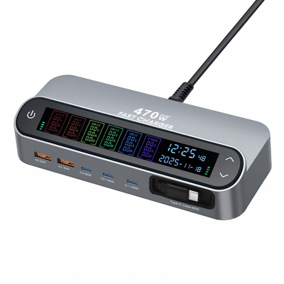 2026新款470W数字显屏快充氮化镓2A3C充电器PD140W伸缩数据线65W手机苹果电脑通用英澳欧规桌面充电坞带开关