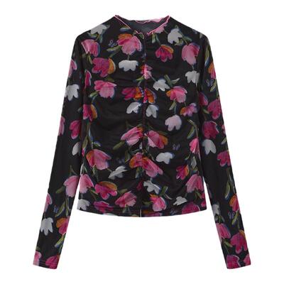 tanni抽皱满印百搭网纱打底上衣