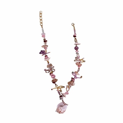 READY TO SWEAR 粉色落日小众天然石拼色海边度假手工串珠项链