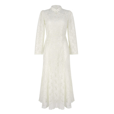 固执立领盘扣蕾丝气质长袖连衣裙