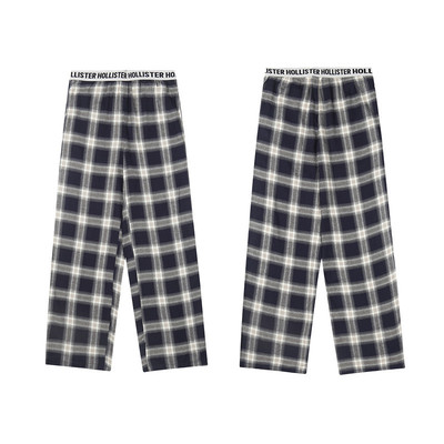 Hollister秋冬款美式复古格子直筒裤女裤高腰百搭松紧腰休闲长裤