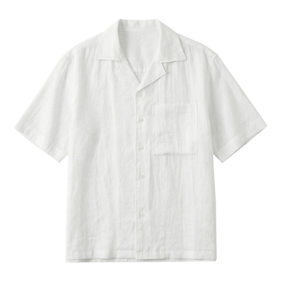 Unblank 凉感透气100%亚麻老钱纯色短袖衬衫男士宽松休闲翻领衬衣