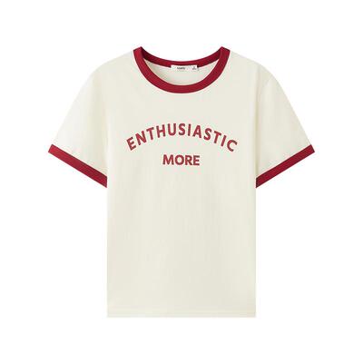 三福短袖T恤2026新款夏季简约休闲撞色圆领英文印花短款上衣女装