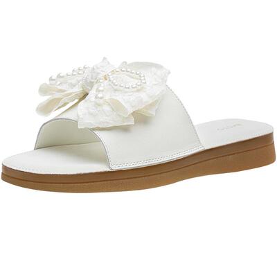 百思图夏商场新款珍珠蝴蝶结一字拖休闲外穿女凉拖鞋CO652BT5