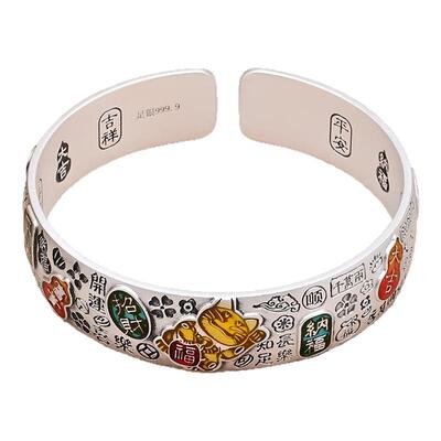 新款吉言招财猫宽版足银9999景泰蓝纯银手镯女珐琅彩妈妈款银镯子
