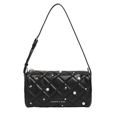 CHARLES&KEITH25冬新款CK2-20701600-B菱格珍珠饰手提斜挎腋下包