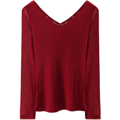 2025新款v领网纱打底衫女长袖秋