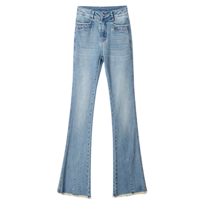 牛仔裤高腰微喇裤环宇语九分