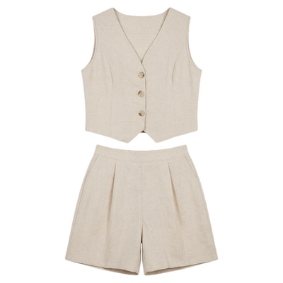 linen clothes womenv neck vest个性时尚演出走秀短裤套装