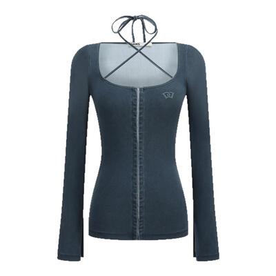 DANZ SENSITIVE®意大利运动速干面料钩扣绑带长袖牛仔蓝水洗上衣