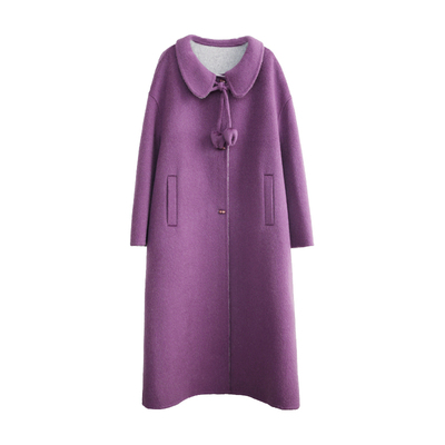 花吉紫色系带长款双面呢外套
