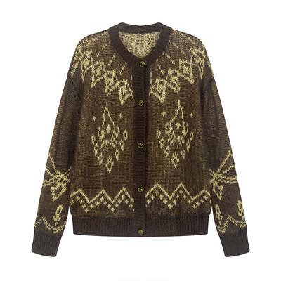 复古提花针织开衫女长袖宽松毛衣