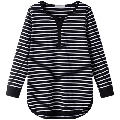 【含棉】2025年春秋新款长袖女士v领打底衫宽松大码显瘦T恤条纹中