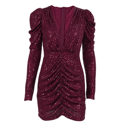 女士连衣裙性感深V长袖亮片短裙