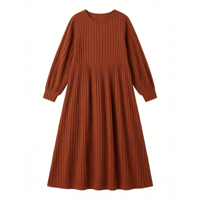 Round neck A-line long sleeved dress 圆领纯色A摆长袖连衣裙女