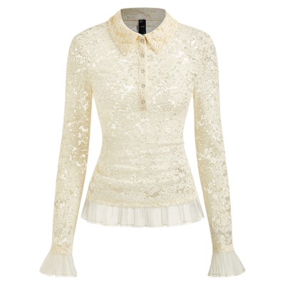 CIDER美式夏季女装碎花蕾丝翻领透视灯笼袖上衣114782549