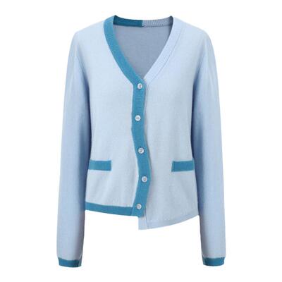 Basic House/百家好v领针织开衫2026春撞色设计感不规则针织开衫