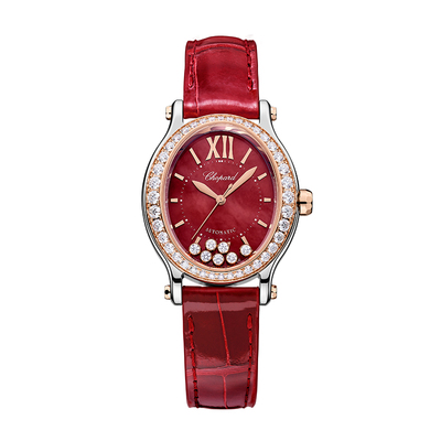 Chopard萧邦生日礼物红色椭圆镶钻机械手表本命年送女友