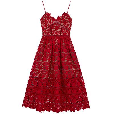 秋冬法国杜鹃花蕾丝吊带连衣裙