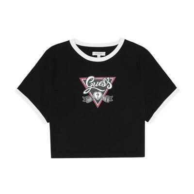 【GUESS x YUEQI QI联名系列】女士短款露脐圆领撞色logo圆领T恤