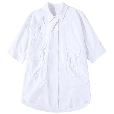 谜底衬衫短袖女2025夏波嬉风通勤立体褶皱草莓廓形衬衣252MC0676