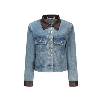 刘亦菲同款IF BY LAND设计师品牌春秋撞色拼皮翻领牛仔外套