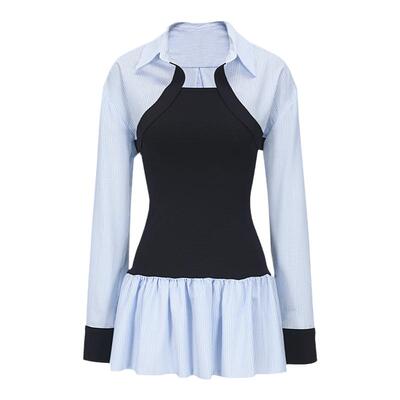 时髦设计感条纹短款衬衫包身裙