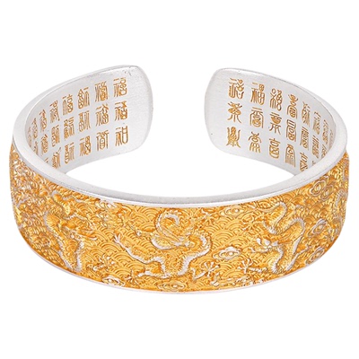 银千造 九龙献瑞 描金宽版足银999开口实心银手镯传承手工妈妈款