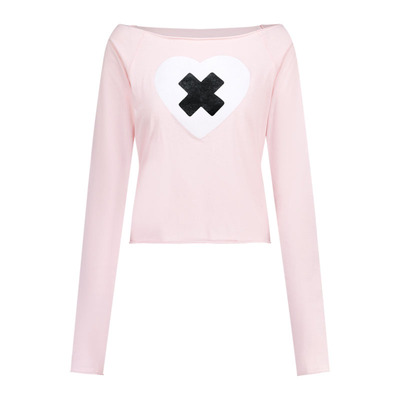illit同款爱心十字架露肩长袖T恤