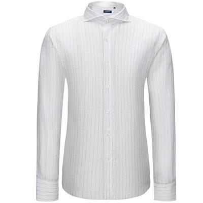 柏品纯亚麻蓝色细条纹衬衫