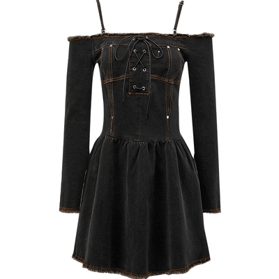 乐町一字肩抽绳连衣裙女春季新款裙子C2FAE1440