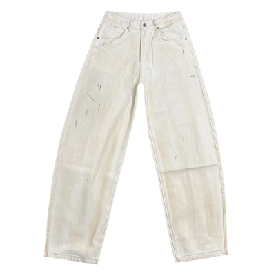 欧美风脏染泼墨涂鸦米白色牛仔裤男款浅色阔腿直筒弯刀裤子老爹裤