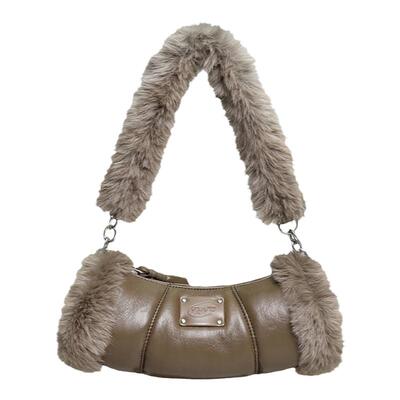 VFVF单肩斜挎腋下毛绒圆筒手提包