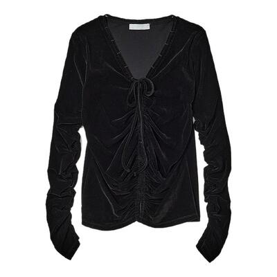 MOUSSY春季新品优雅植绒褶皱修身系带V领针织衫010IA380-4251