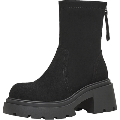 天美意2025冬新款厚底百搭袜靴一脚蹬后拉链女弹力靴KNZ11DZ5