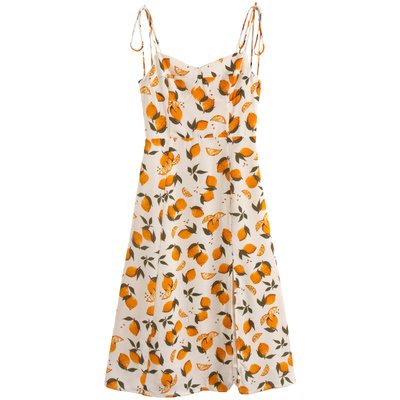 法式A字柠檬印花开叉连衣裙