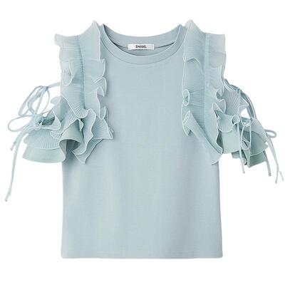 SNIDEL2025秋冬新品甜美纯色圆领木耳边露肩系带针织衫SWCT254128