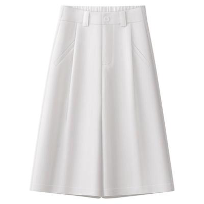 白色西装七分直筒裤女夏季2025新款半松紧高腰休闲过膝大阔腿裤子