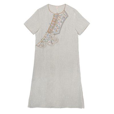 中国风纯亚麻云纹盘扣a字裙茶服