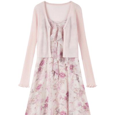 秋水伊人碎花连衣裙套装两件套