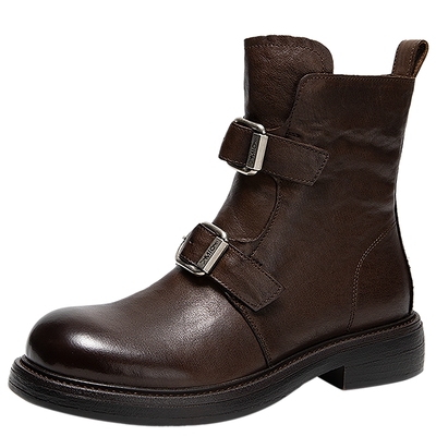 MIO米奥女鞋马丁靴牛皮革皮靴短靴冬季新款复古皮带厚底增高靴子