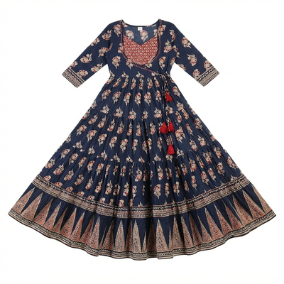 印度服装进口新款日常民族风情蓝色印花七分袖气质休闲纯棉连衣裙
