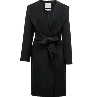 ONLY浴袍连帽设计收腰毛呢大衣