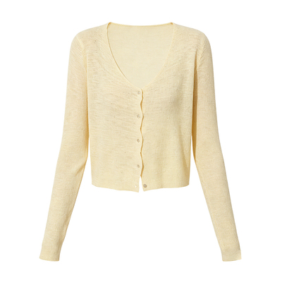 DPLAY【惠品】2026年夏季新款黄色法式针织开衫女薄款波浪边上衣