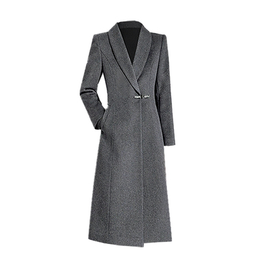 高档灰色西装领毛呢大衣女中长款