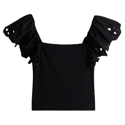 HM女装衬衫25春季方领短袖波嬉风穿搭修身镂空刺绣短上衣1286064