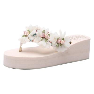 Bzbz花朵沙滩拖鞋坡跟厚底人字拖