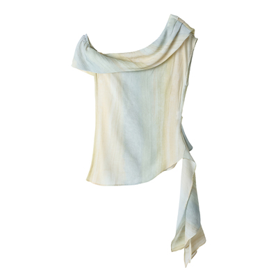 LIMONN度假风黄绿晕染斜肩露肩飘带宽松休闲上衣